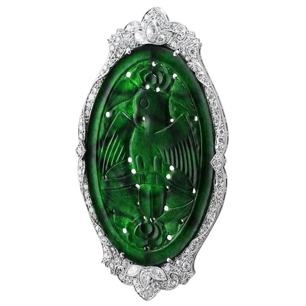 Carved Jade Yellow Gold Frame Pin at 1stDibs