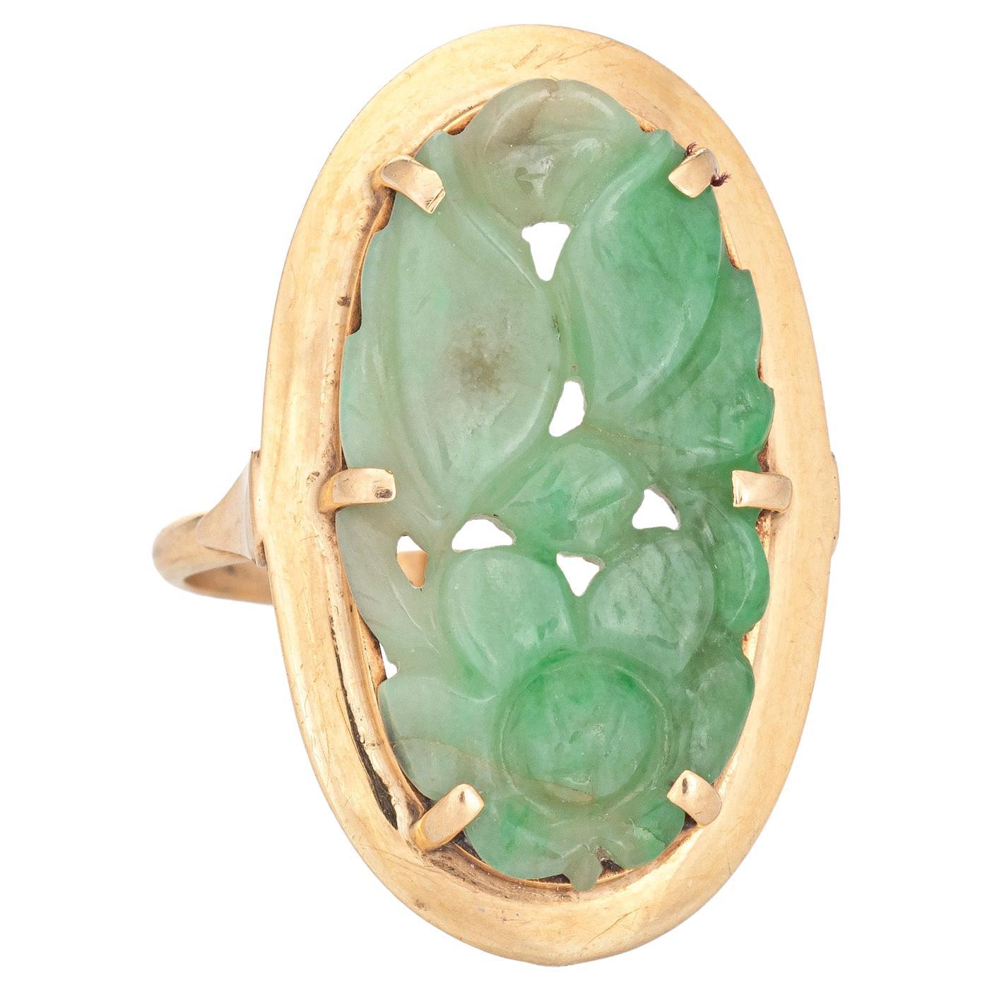 Carved Jade Flower Ring Vintage 14k Yellow Gold Oval Cocktail Jewelry ...