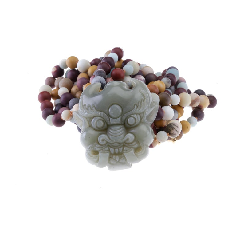 Carved Jade Fu Dog Necklace Moakite 18 Karat Gold For Sale at 1stDibs