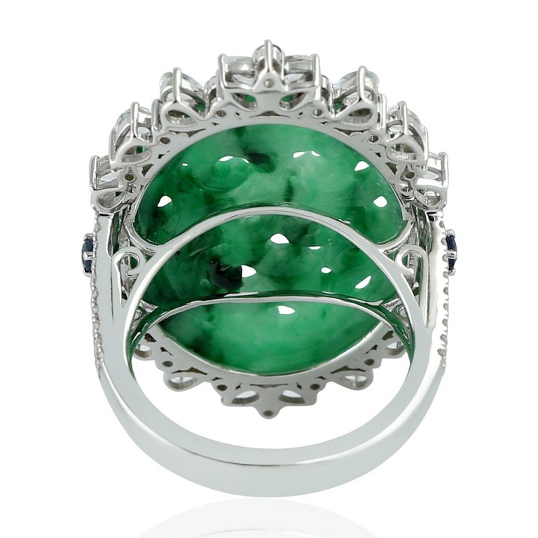 Carved Oval Green Jade Ring With Blue Sapphire and Diamonds in 18k Gold ...