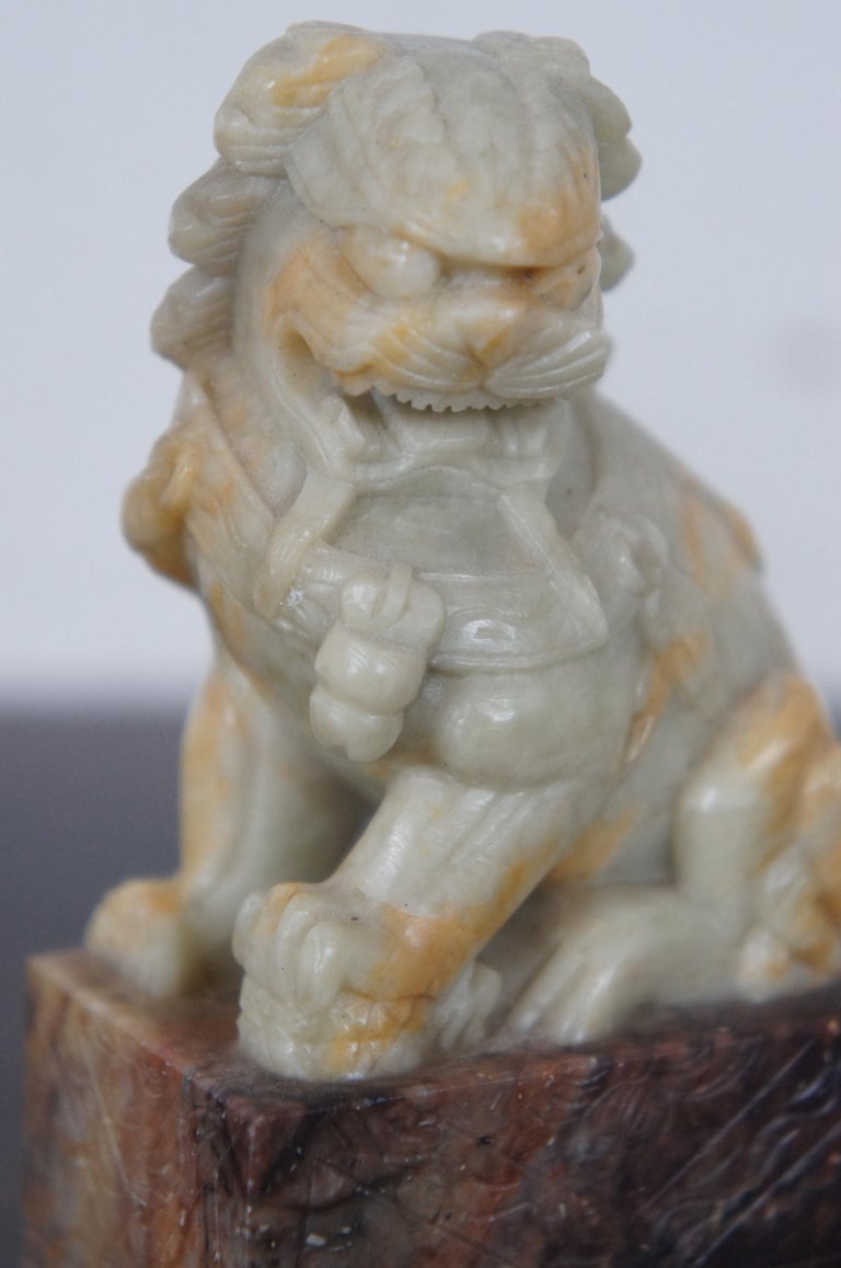 Carved Jade Stone Fu Foo Dog Guardian Lion Pair Bookends Paperweights ...