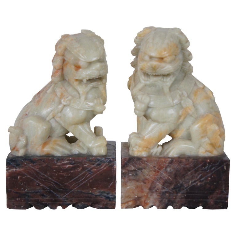 Carved Jade Stone Fu Foo Dog Guardian Lion Pair Bookends Paperweights ...