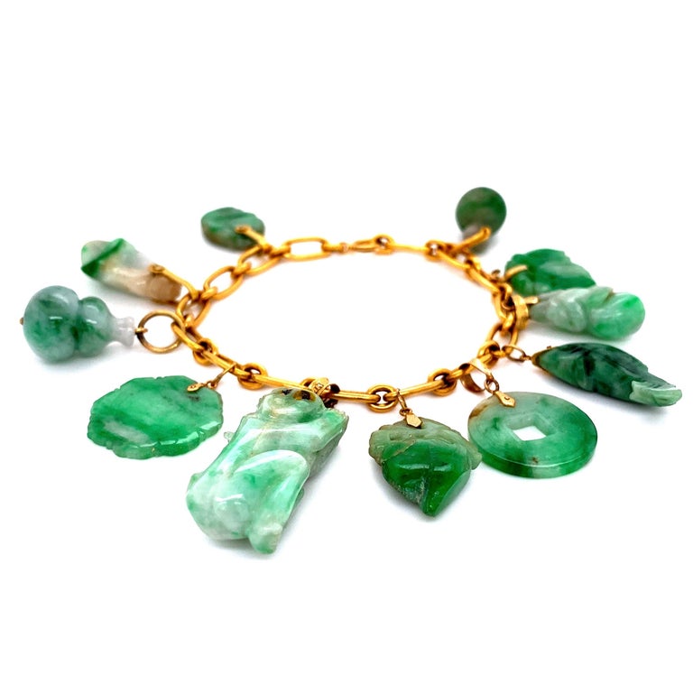 Carved Jadeite Jade Gold Link Charm Bracelet Estate Fine Jewelry at 1stDibs