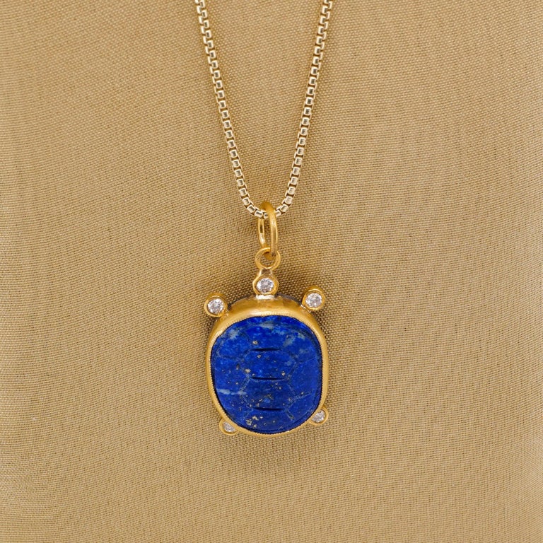 Carved Lapis Turtle Charm Amulet Pendant Necklace, Diamonds, 24kt Gold ...