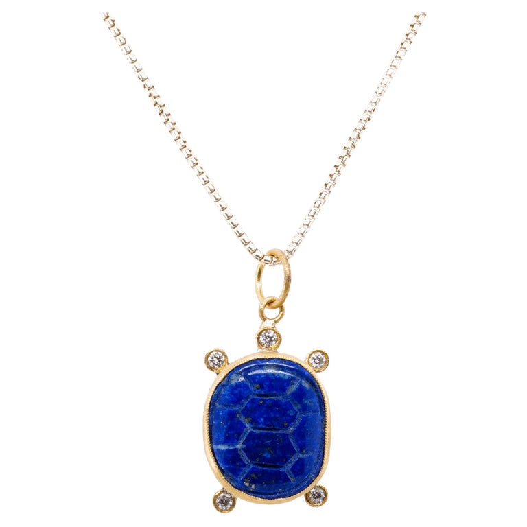 Carved Lapis Turtle Charm Amulet Pendant Necklace, Diamonds, 24kt Gold ...