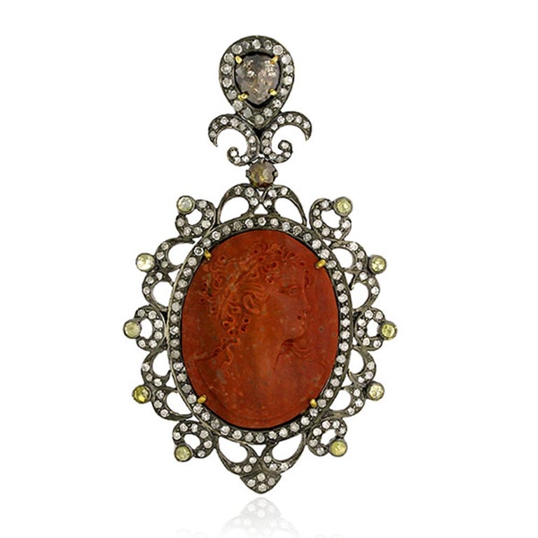 Carved Lava Cameo Pandant with Ice Diamond and Pave Diamonds For Sale ...