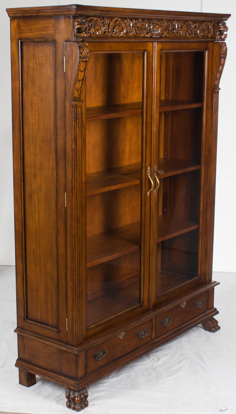 Carved Lion Head Mahogany Locking Glass Door Bookcase Bookshelf at 1stDibs
