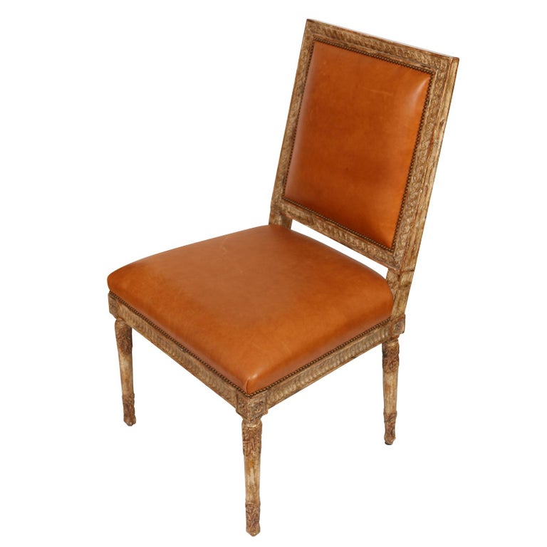 Carved Louis XVI Style Square Back Gilt and Leather Chair For Sale at ...