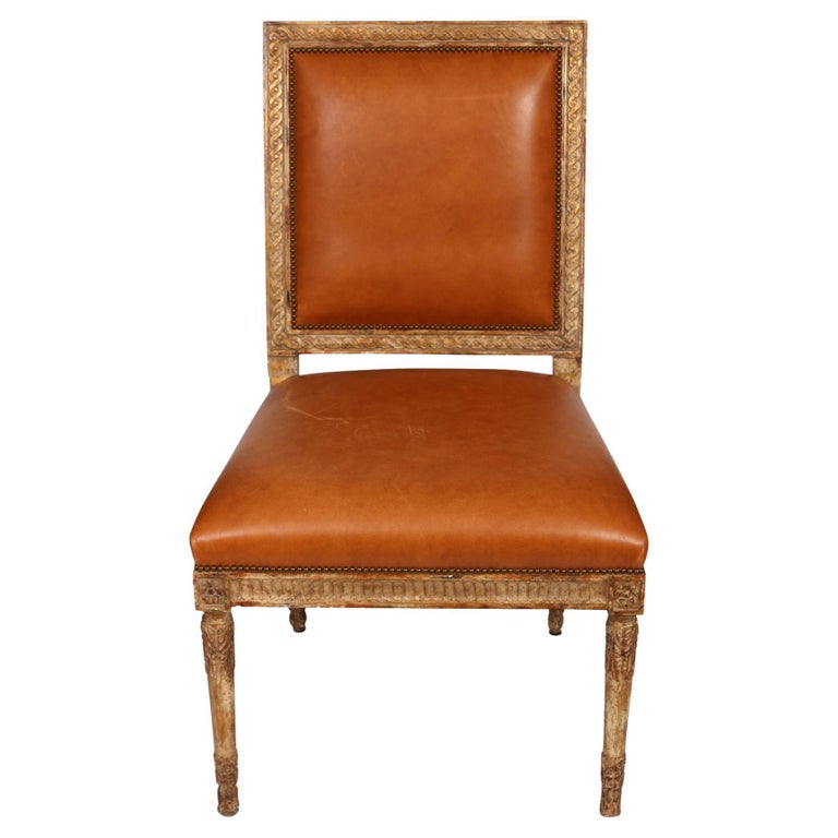 Carved Louis XVI Style Square Back Gilt and Leather Chair For Sale at ...