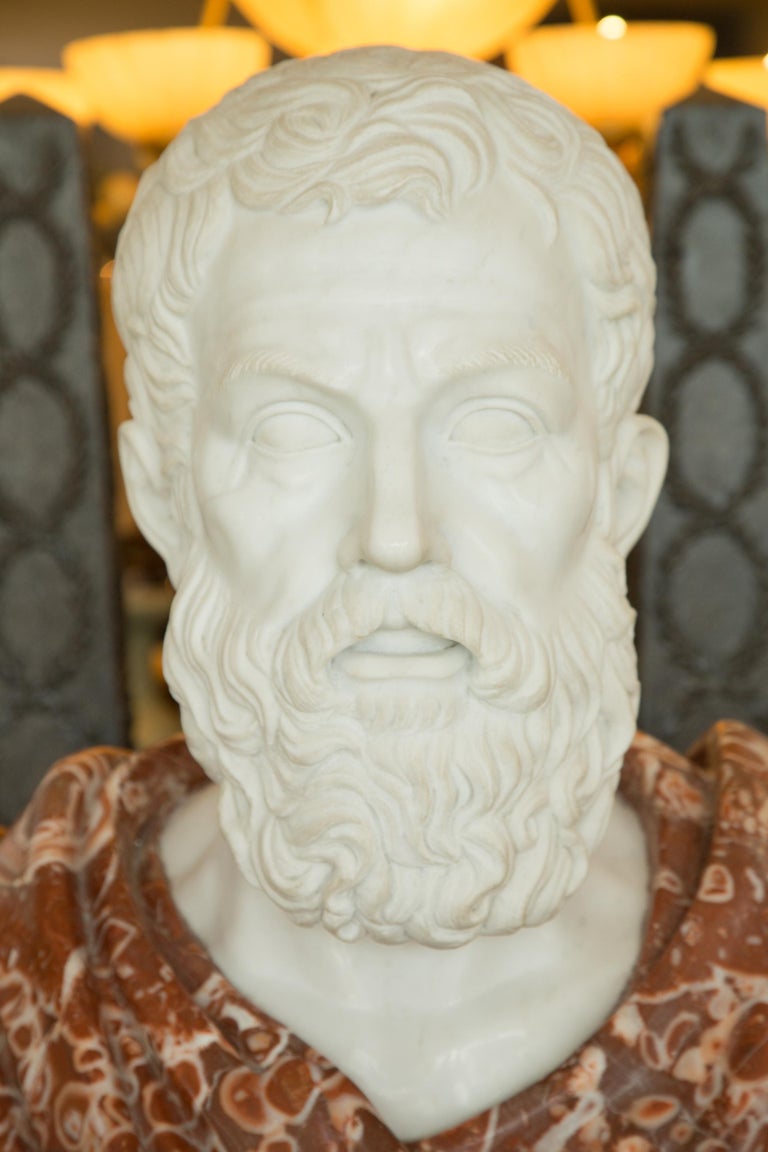 Carved Marble Bust of a Greco-Roman Figure with Large Marble Pedestal ...