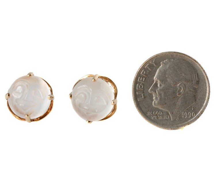 Carved Moonstone 14 Karat Yellow Gold Stud Earrings For Sale at 1stDibs