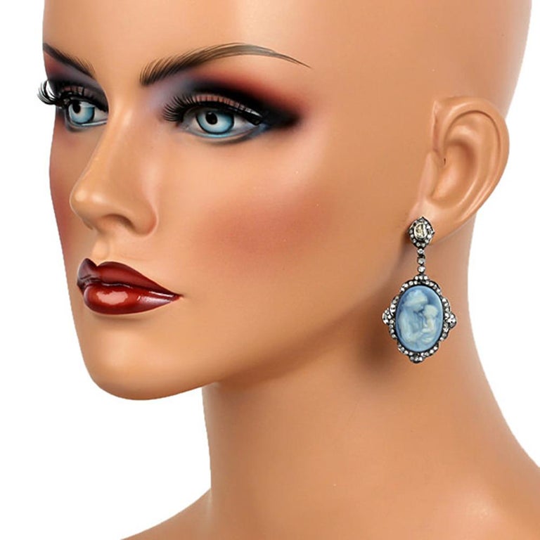 Carved Mother and Daughter Art Cameo Earrring with Diamonds in 18k Gold ...