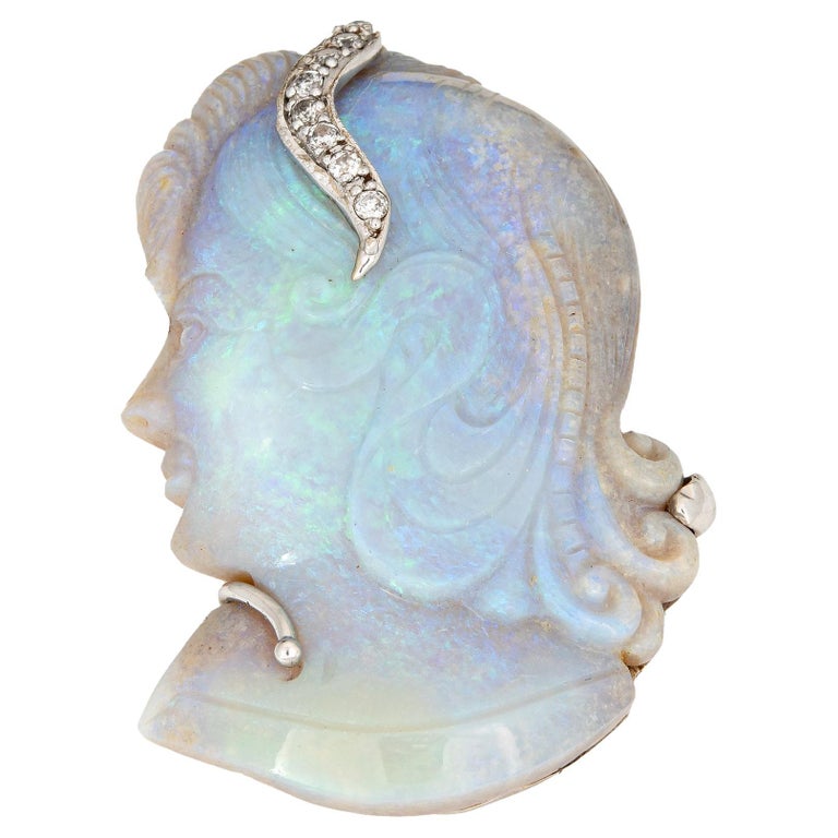 Carved Natural Opal Pendant Portrait of a Woman Diamond 14k White Gold ...