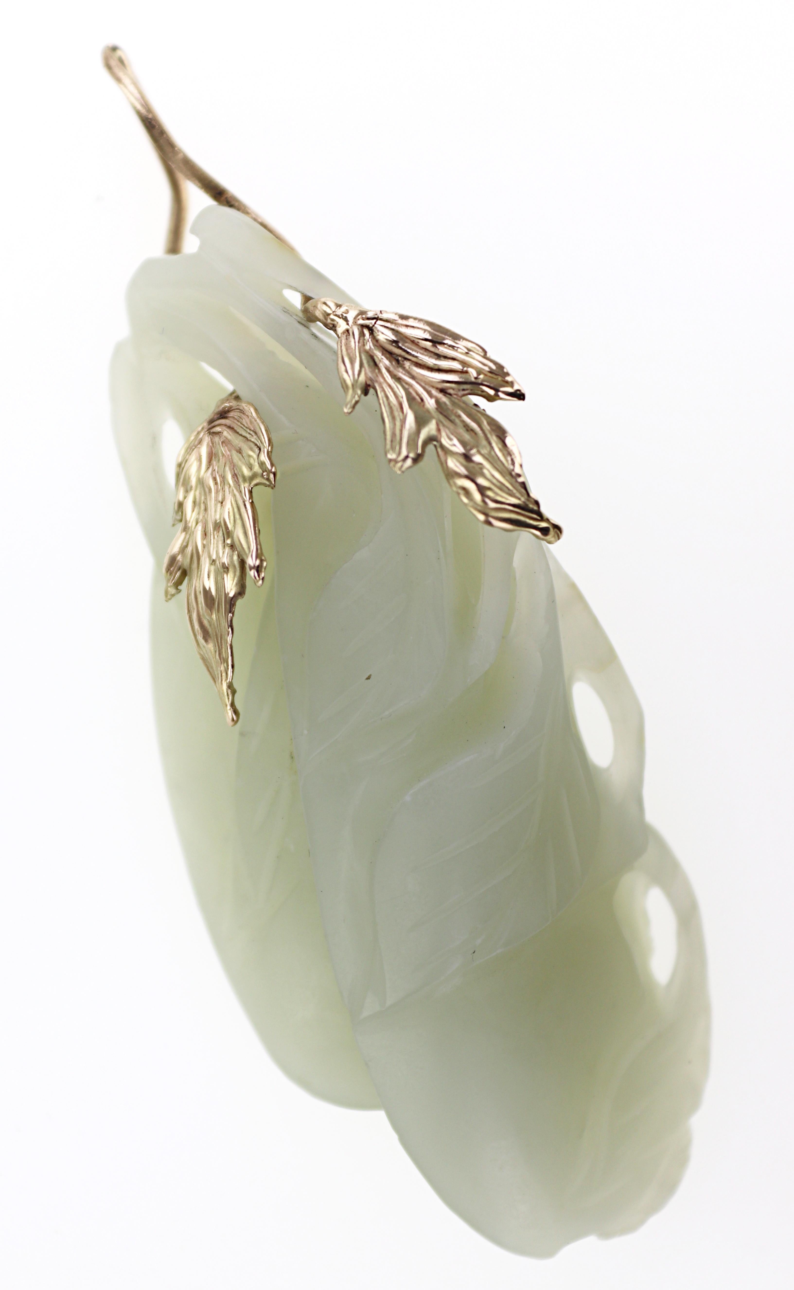 Carved Nephrite Jade, 14K Yellow Gold Pendant For Sale at 1stDibs