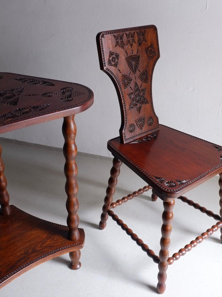 Carved Oak Bobbin Chair Table Set, Sweden, 1960s For Sale at 1stDibs