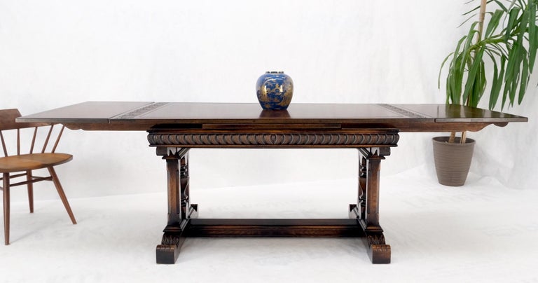 Carved Oak Jacobean Style Refectory Trestle Base Dining Farm Table MINT ...