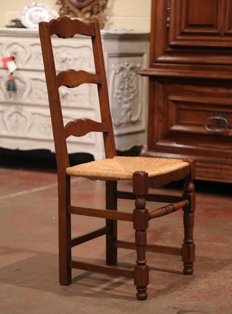 Carved Oak Ladder Back Country French Chairs with Rush Seat, Set of ...
