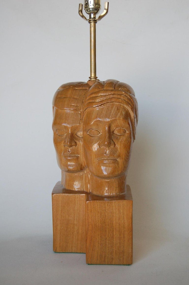 Carved Oak Male and Female Sculptural Table Lamps by Jascha Heifetz For ...