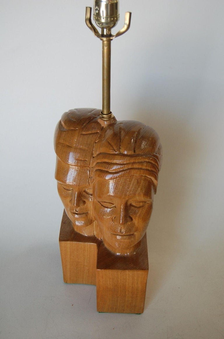 Carved Oak Male and Female Sculptural Table Lamps by Jascha Heifetz For ...