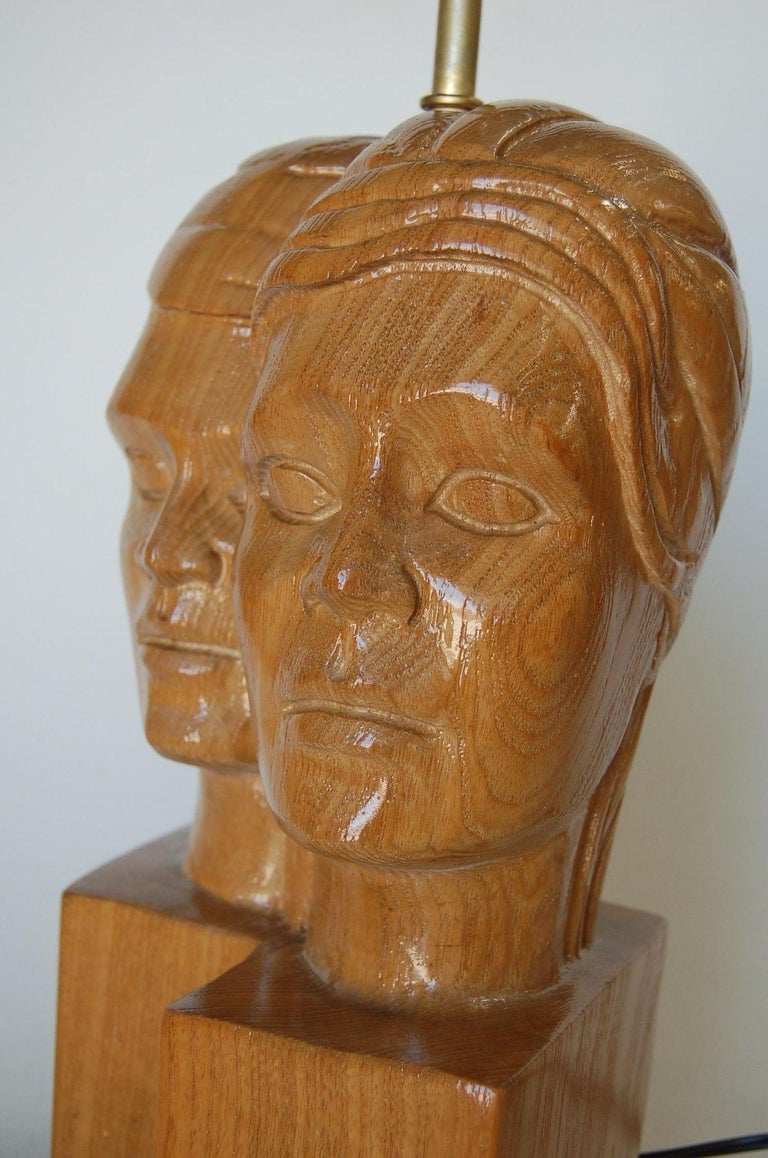 Carved Oak Male and Female Sculptural Table Lamps by Jascha Heifetz For ...