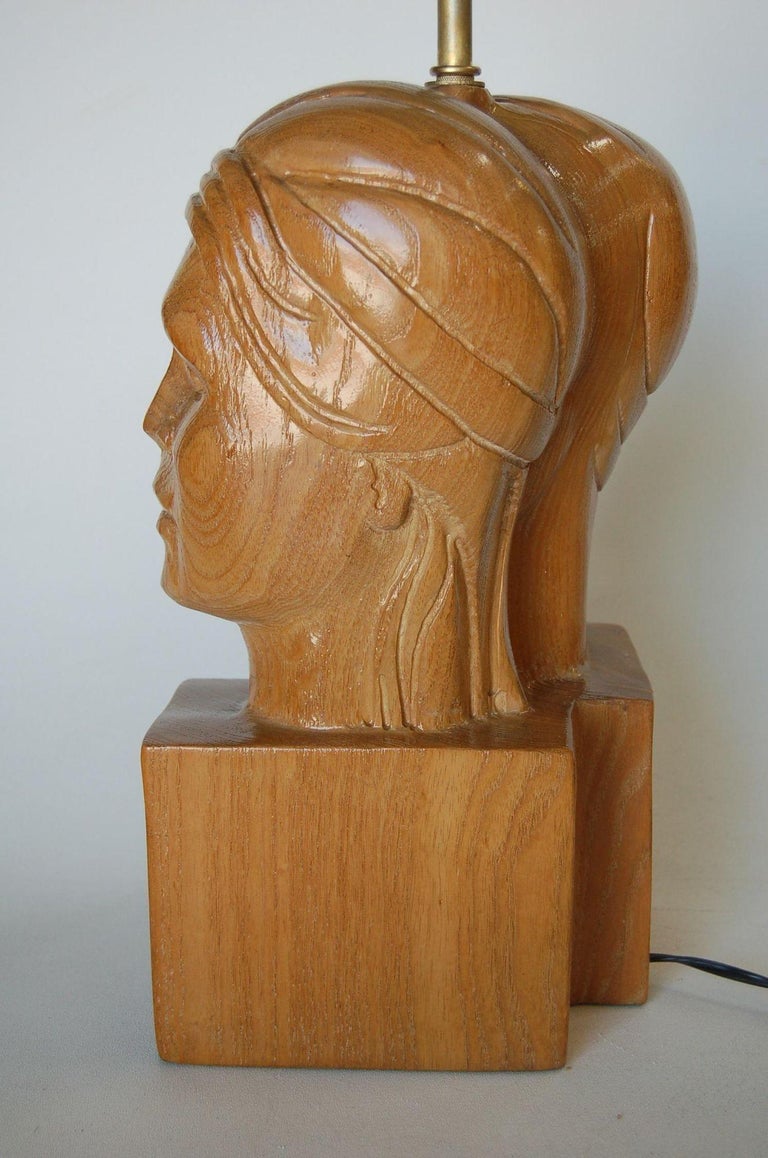 Carved Oak Male and Female Sculptural Table Lamps by Jascha Heifetz For ...