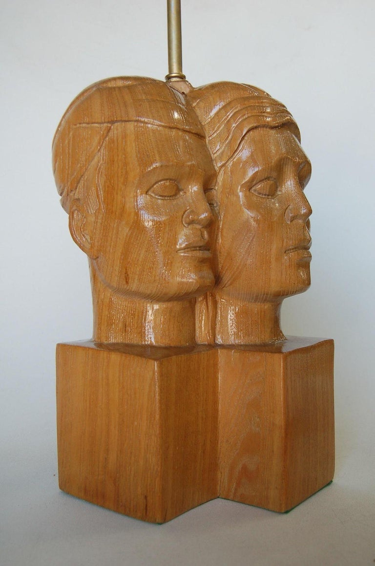 Carved Oak Male and Female Sculptural Table Lamps by Jascha Heifetz For ...