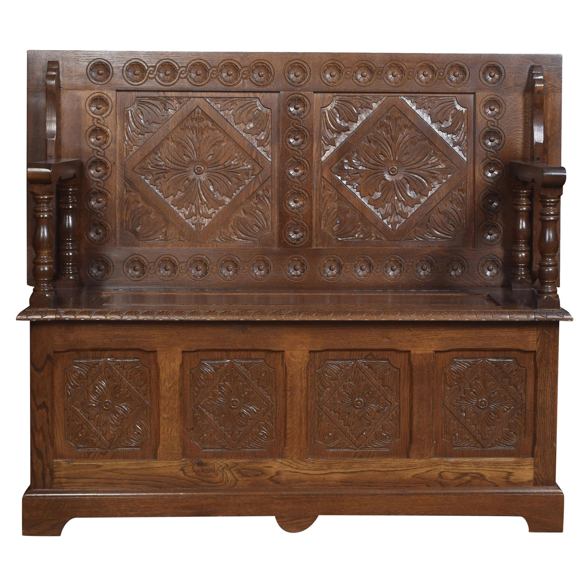 Carved Oak Monk’s Bench or Hall Bench at 1stDibs