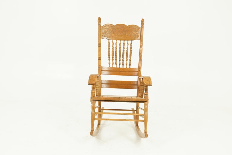 Antique Rocking Chair, Spindle Pressed Back, Carved Oak, America, 1910 ...