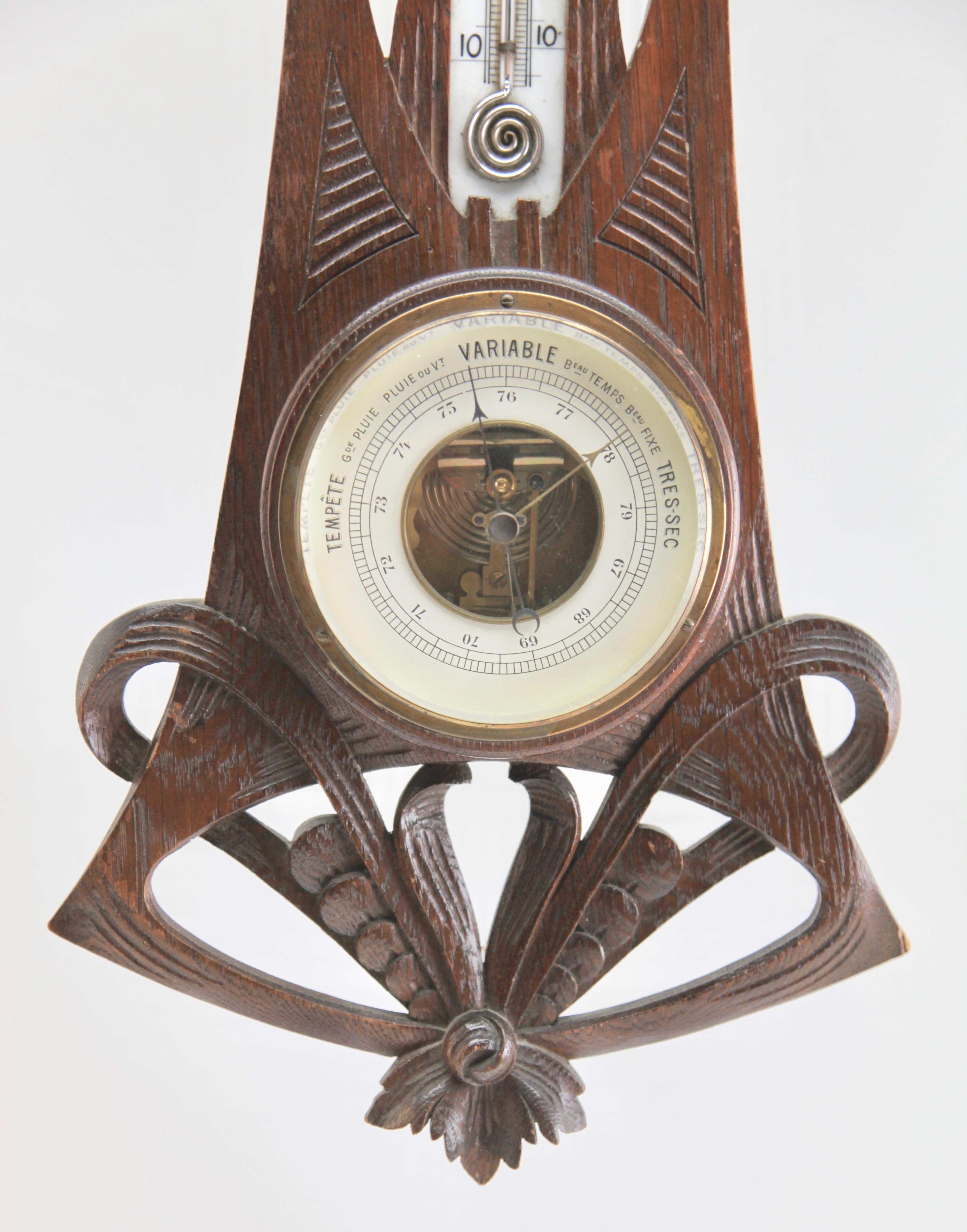 Carved Oakwood Antique French Barometer with Thermometer, 1910s For ...