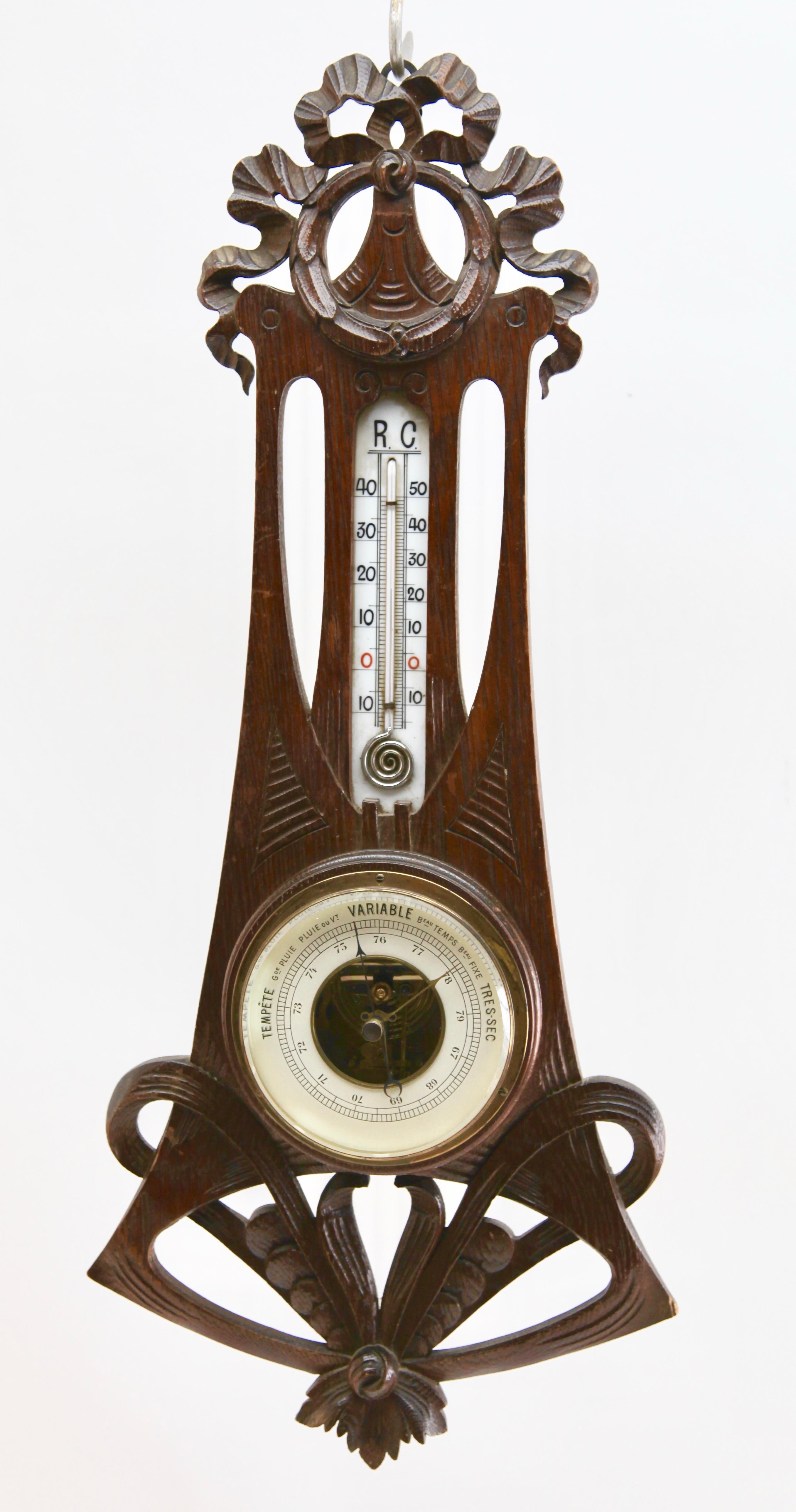 Carved Oakwood Antique French Barometer with Thermometer, 1910s For ...