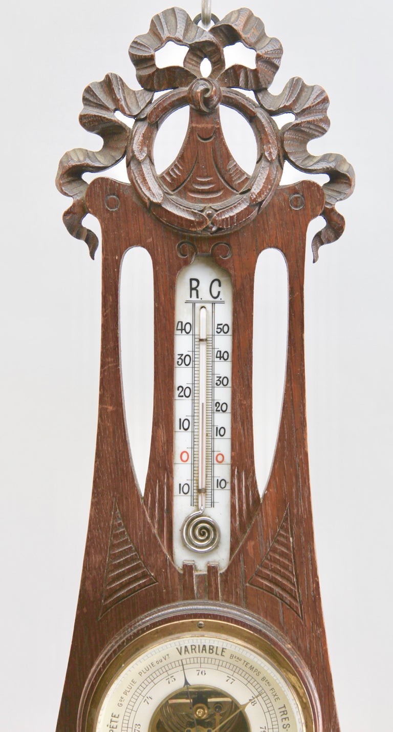 Carved Oakwood Antique French Barometer with Thermometer, 1910s For ...