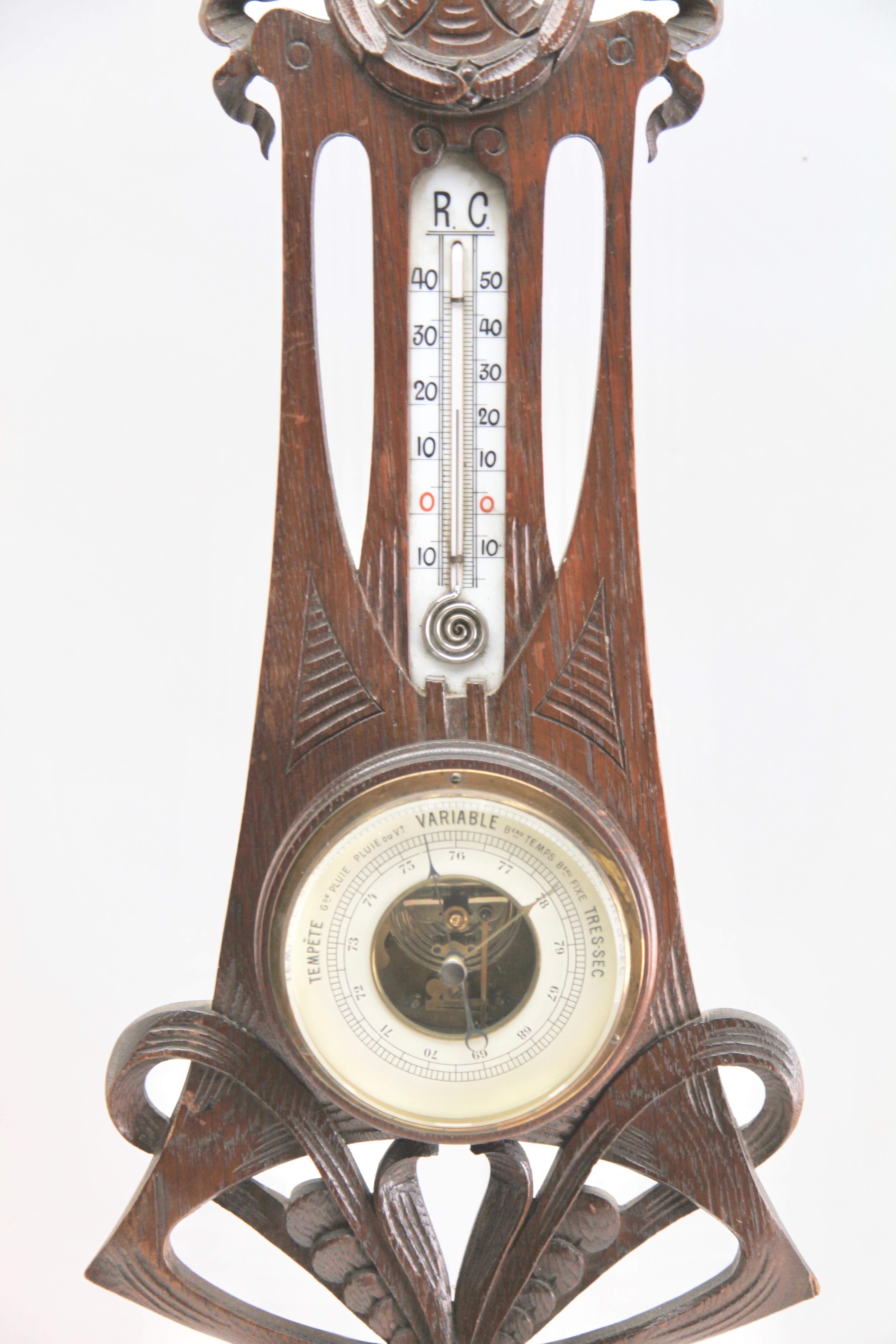 Carved Oakwood Antique French Barometer with Thermometer, 1910s For ...