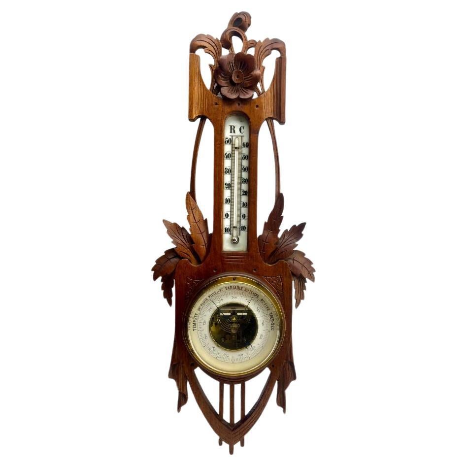 Carved Oakwood Antique French Barometer with Thermometer, 1910s For ...