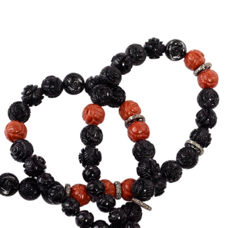 Carved Onyx, and Jasper Beaded Necklace with Diamonds Made in Silver ...