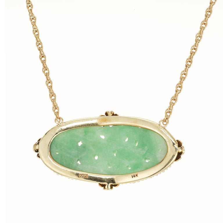 Carved Oval Jadeite Jade Natural Pearl Gold Pendant Necklace For Sale ...