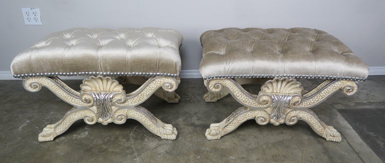 Carved Painted and Silver Gilt "X" Shell Benches w/ Platinum Velvet ...