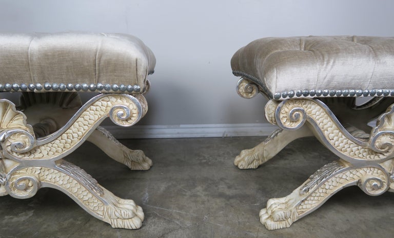 Carved Painted and Silver Gilt "X" Shell Benches w/ Platinum Velvet ...