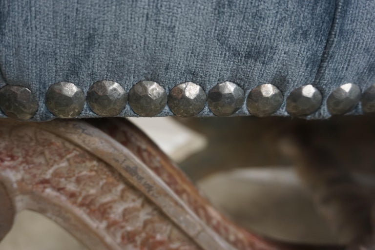 Carved Painted "X" Shell Benches w/ Blue Velvet Upholstery at 1stDibs