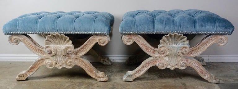 Carved Painted "X" Shell Benches w/ Blue Velvet Upholstery at 1stDibs