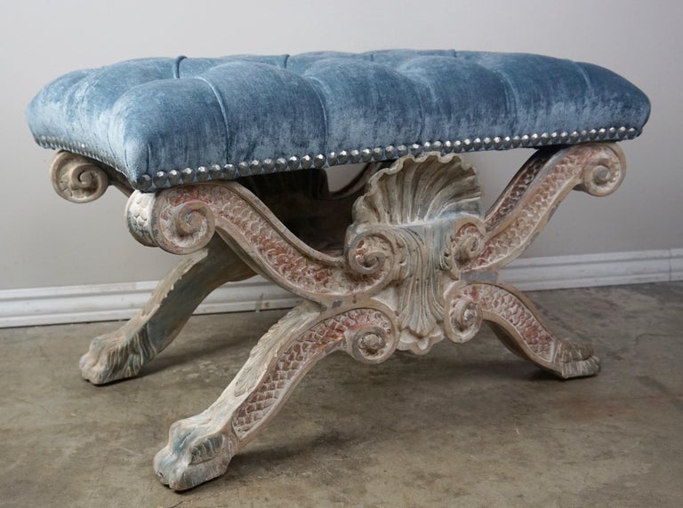 Carved Painted "X" Shell Benches w/ Blue Velvet Upholstery at 1stDibs