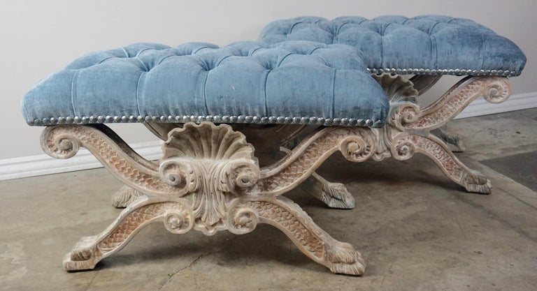 Carved Painted "X" Shell Benches w/ Blue Velvet Upholstery at 1stDibs