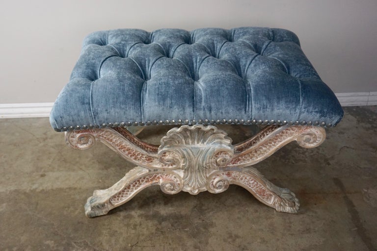 Carved Painted "X" Shell Benches w/ Blue Velvet Upholstery at 1stDibs