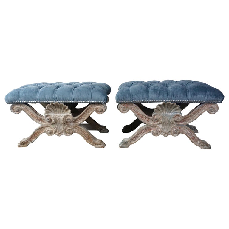 Carved Painted "X" Shell Benches w/ Blue Velvet Upholstery at 1stDibs