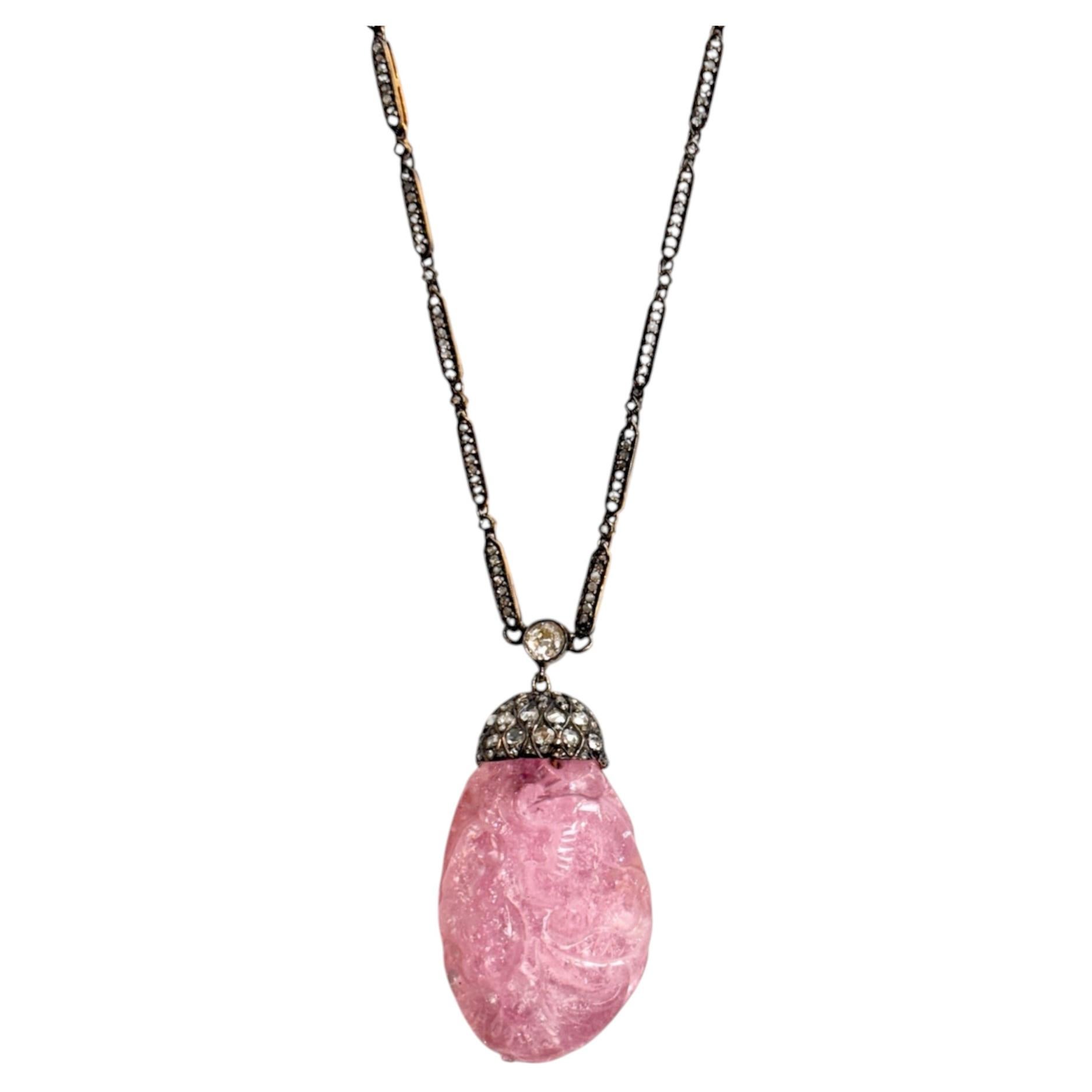 Carved Pink Tourmaline Necklace For Sale at 1stDibs