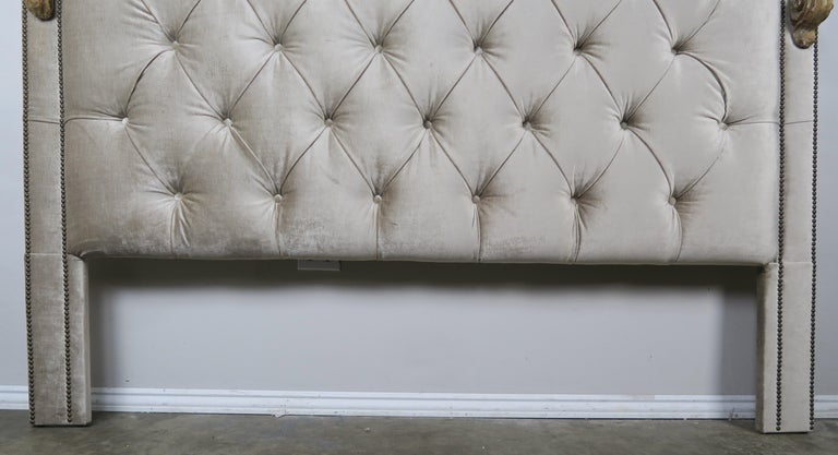 Carved Polychrome Cherub Velvet Tufted Headboard-King Size at 1stDibs