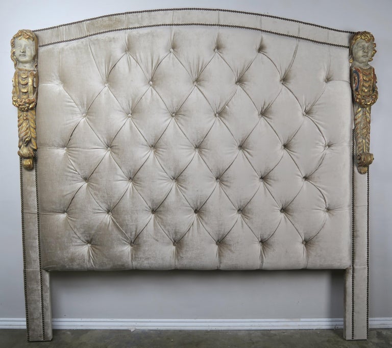 Carved Polychrome Cherub Velvet Tufted Headboard-King Size at 1stDibs