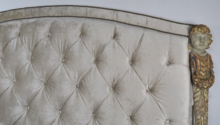 Carved Polychrome Cherub Velvet Tufted Headboard-King Size at 1stDibs