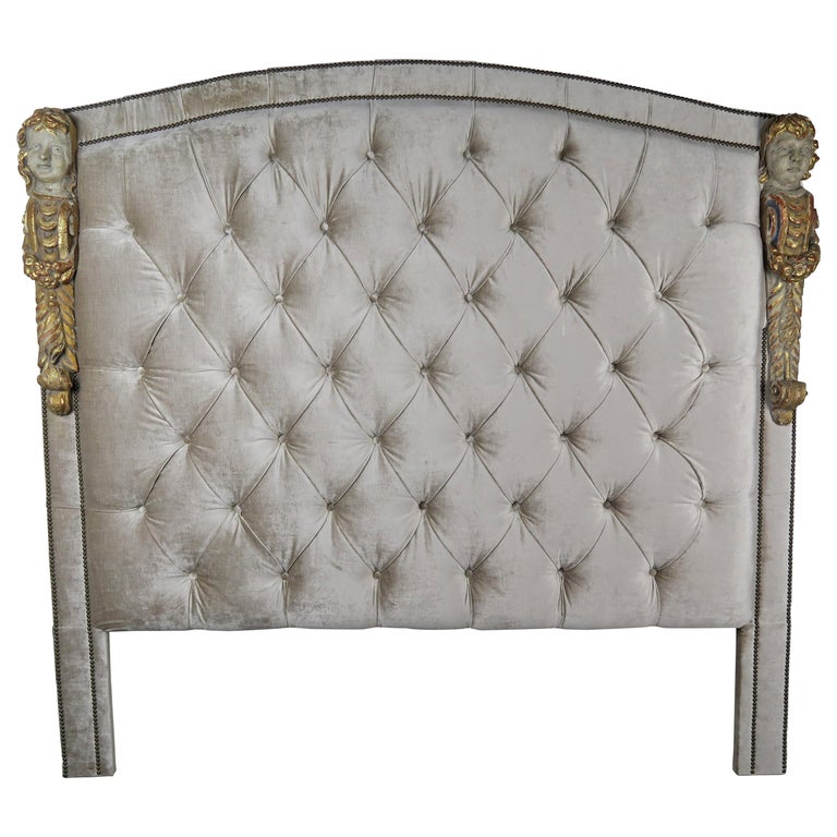 Carved Polychrome Cherub Velvet Tufted Headboard-King Size at 1stDibs