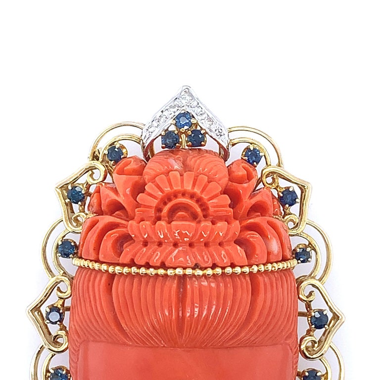 Carved Red Coral, Diamond, and Sapphire Budhha Pendant Brooch For Sale ...