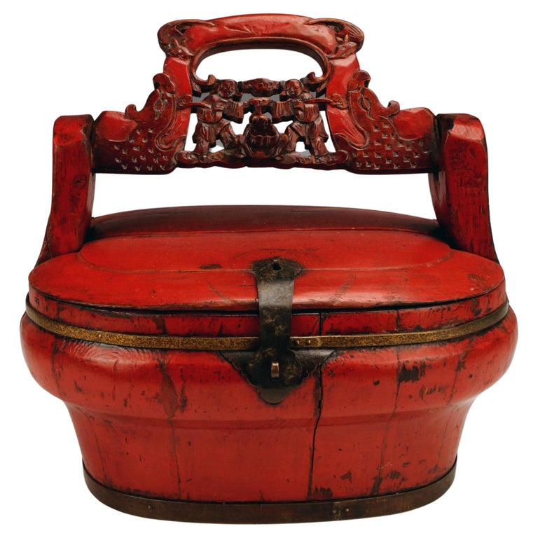 Carved Red Lacquer Hinged Basket Box For Sale at 1stDibs